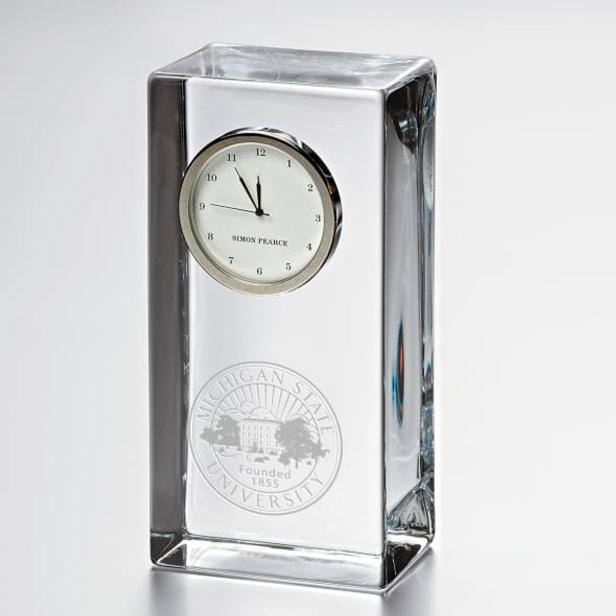 Michigan State Tall Glass Desk Clock by Simon Pearce | M.LaHart & Co.