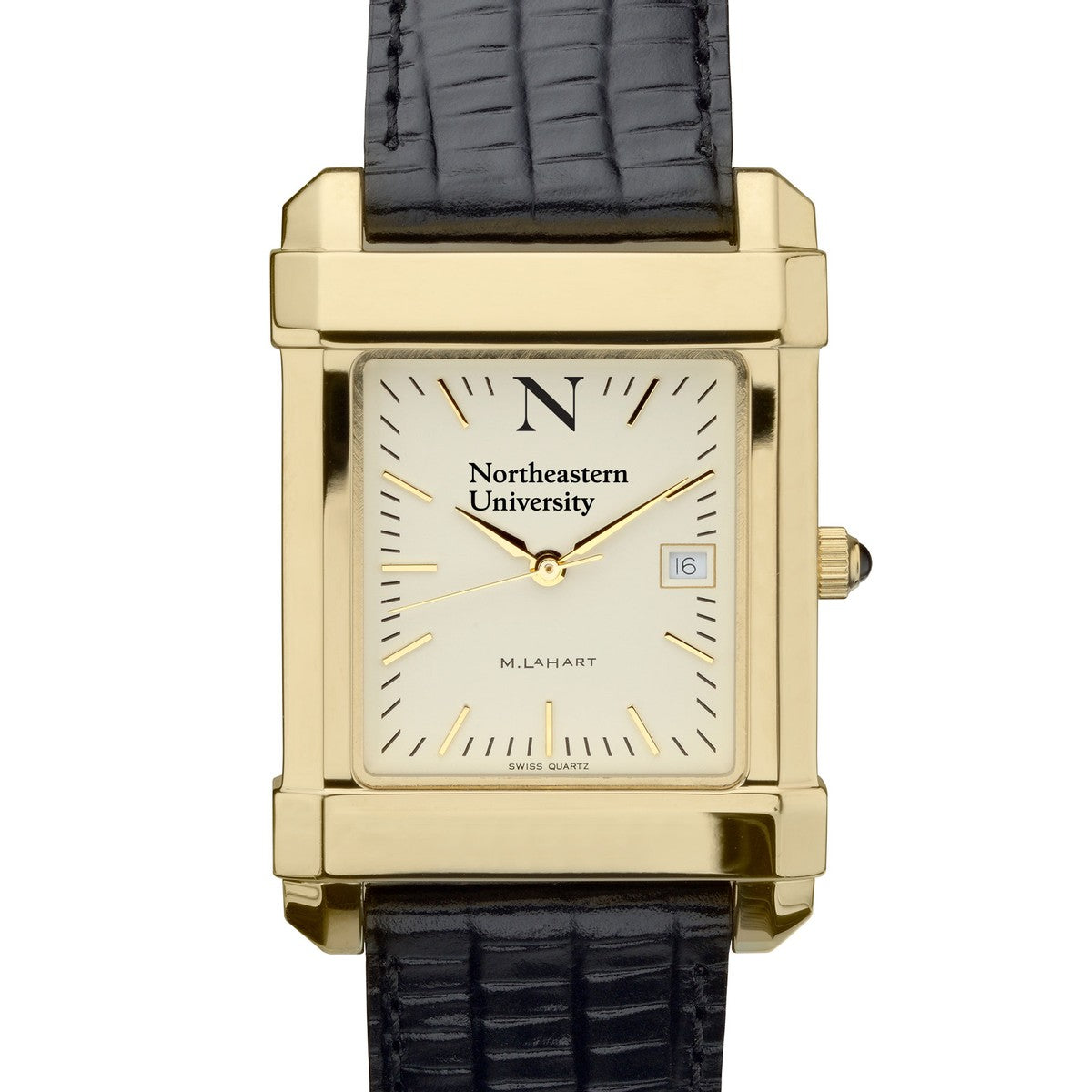 Northeastern Men's Gold Quad with Leather Strap | M.LaHart & Co.