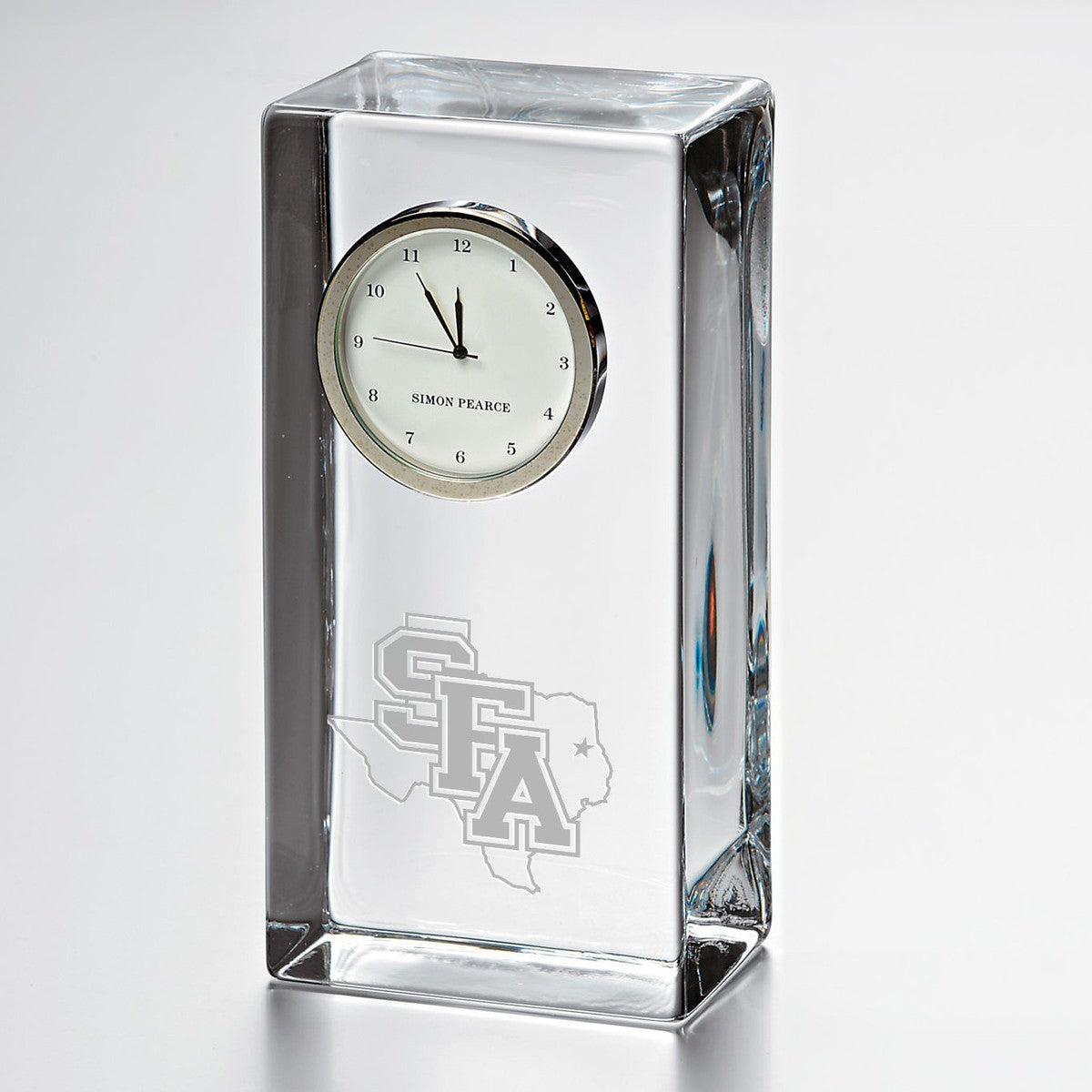 SFASU Tall Glass Desk Clock by Simon Pearce | M.LaHart & Co.