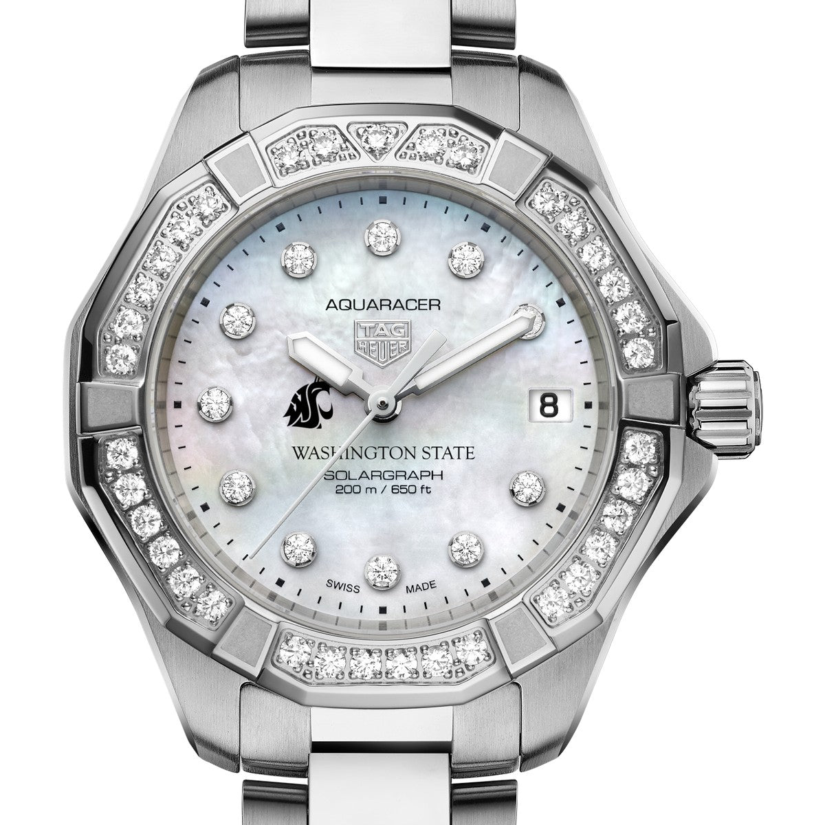 WSU Women's TAG Heuer Steel Solargraph Aquaracer with MOP Diamond Dial ...